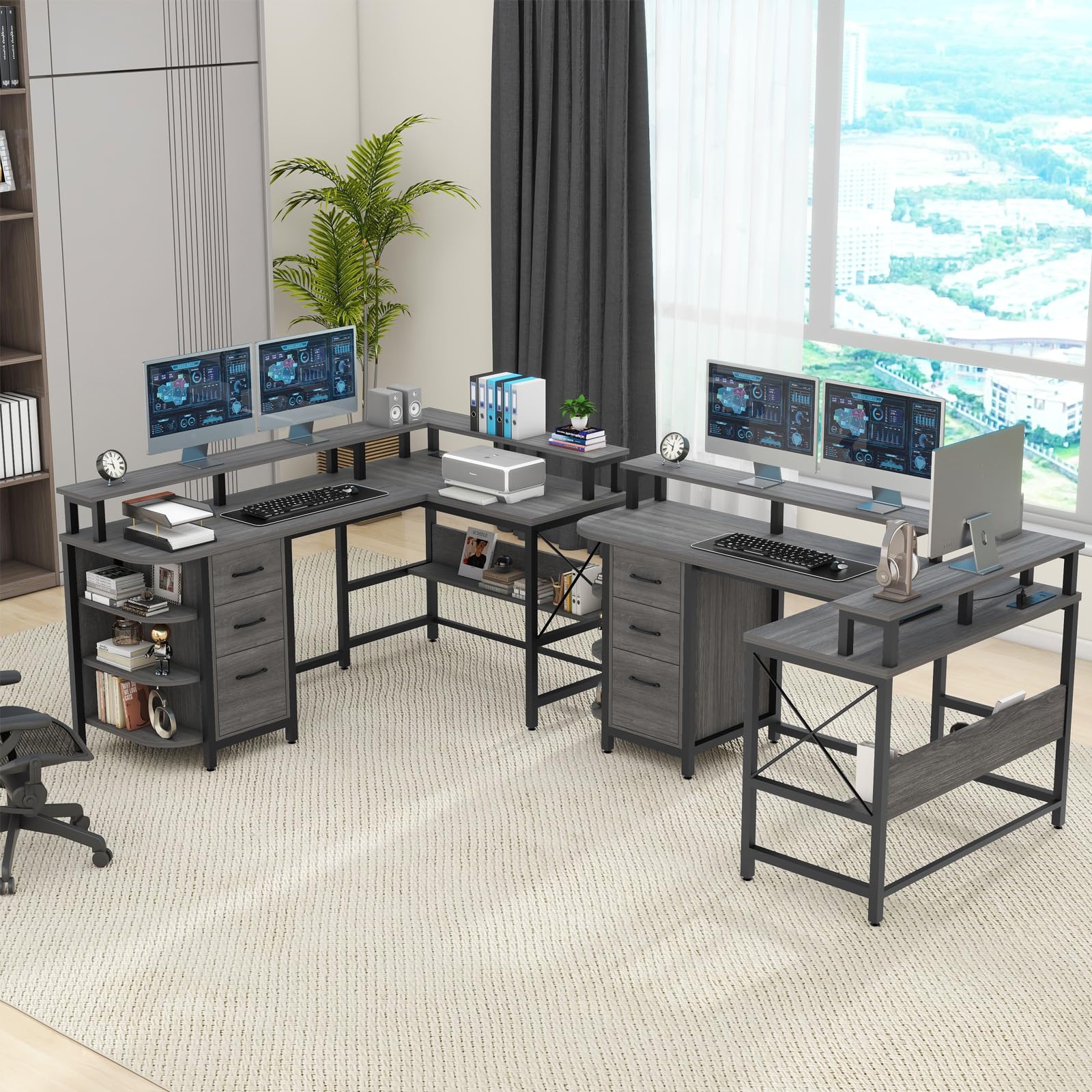 Vabches 67" L Shaped Computer Desk with LED Lights and Power Outlets, Reversible L Shaped Gaming Desk with 3 Drawers Hutch Monitor Stand, Home Office Desk with USB Port