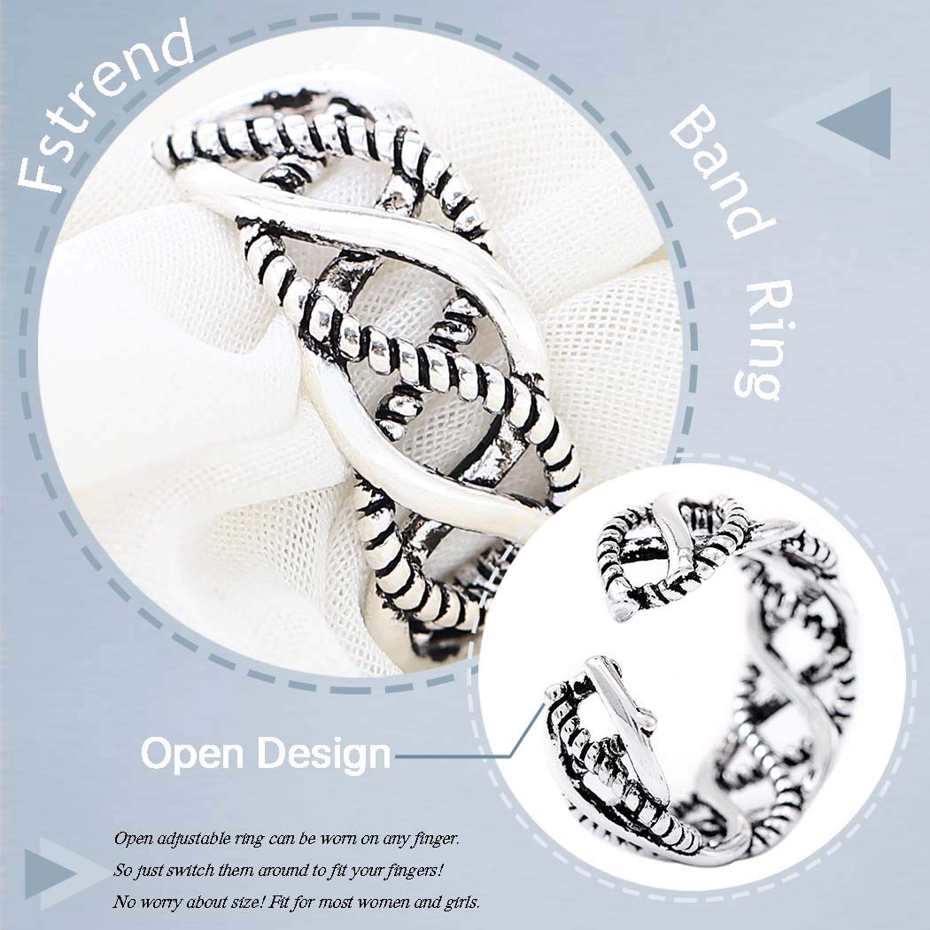 Fstrend Vintage Band Ring Silver Wrap Cross Women's Statement Ring Retro Wave Stainless Steel Adjustable Open Rings Jewelry for Women and Girls