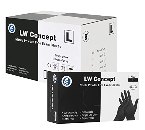 LW Concept Black Medical Nitrile Examination Gloves - Latex & Powder-Free, Disposable, Ultra-Strong, Healthcare, Food Handling Use (Large, Case of 1000)