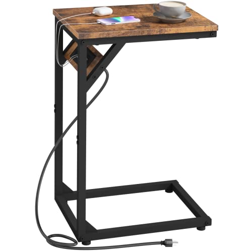 NONGSHIM Side Table, Slim C Shaped End Table with Charging Station, Small Snack Table for Living Room, Bedroom, Sofa Table with USB Ports and Outlets for Small Spaces, Rustic Brown