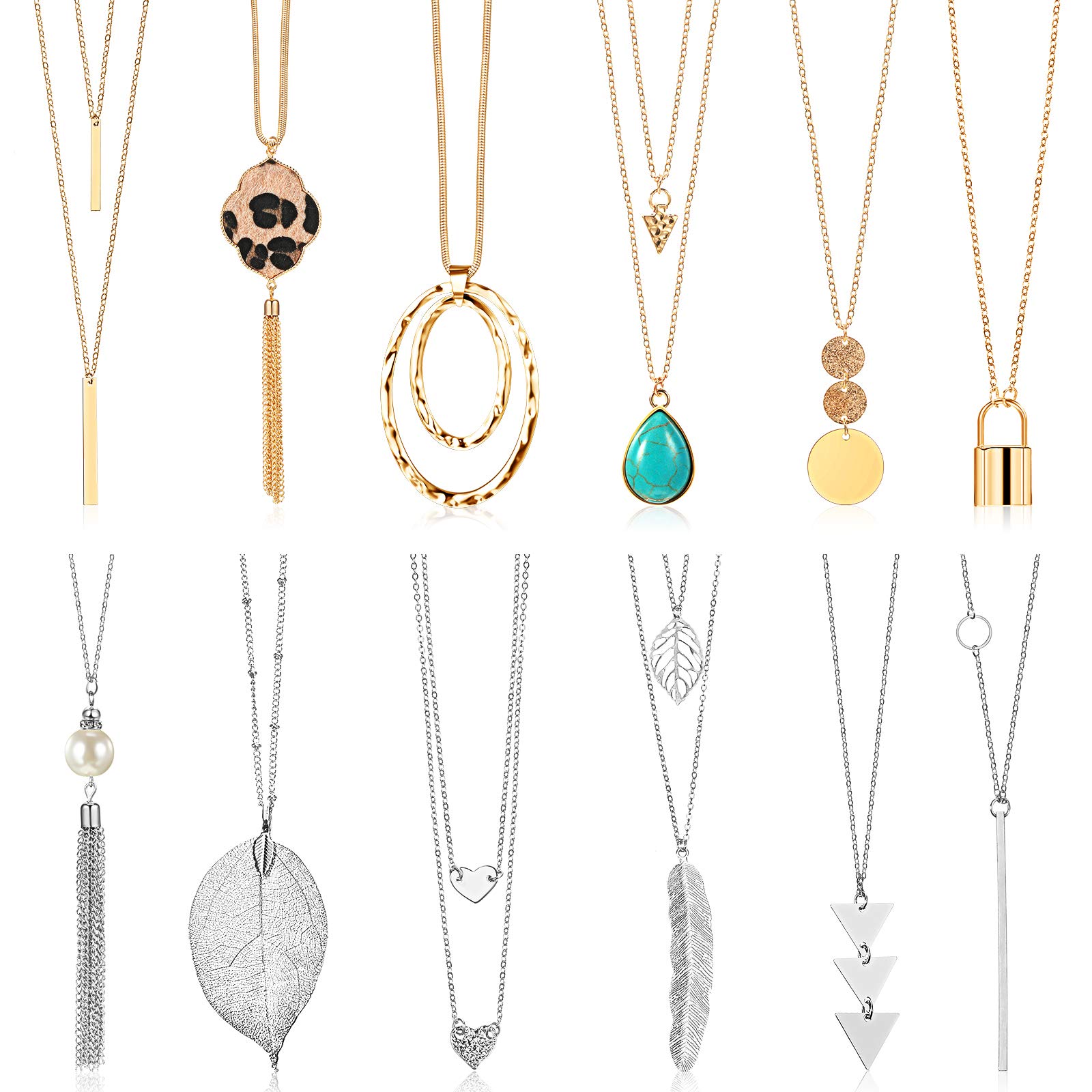 Hicarer 12 Pieces Long Pendant Necklace Y Tassel Leaf Necklace Set Assorted Layer Pendants for Women (Chic Style)