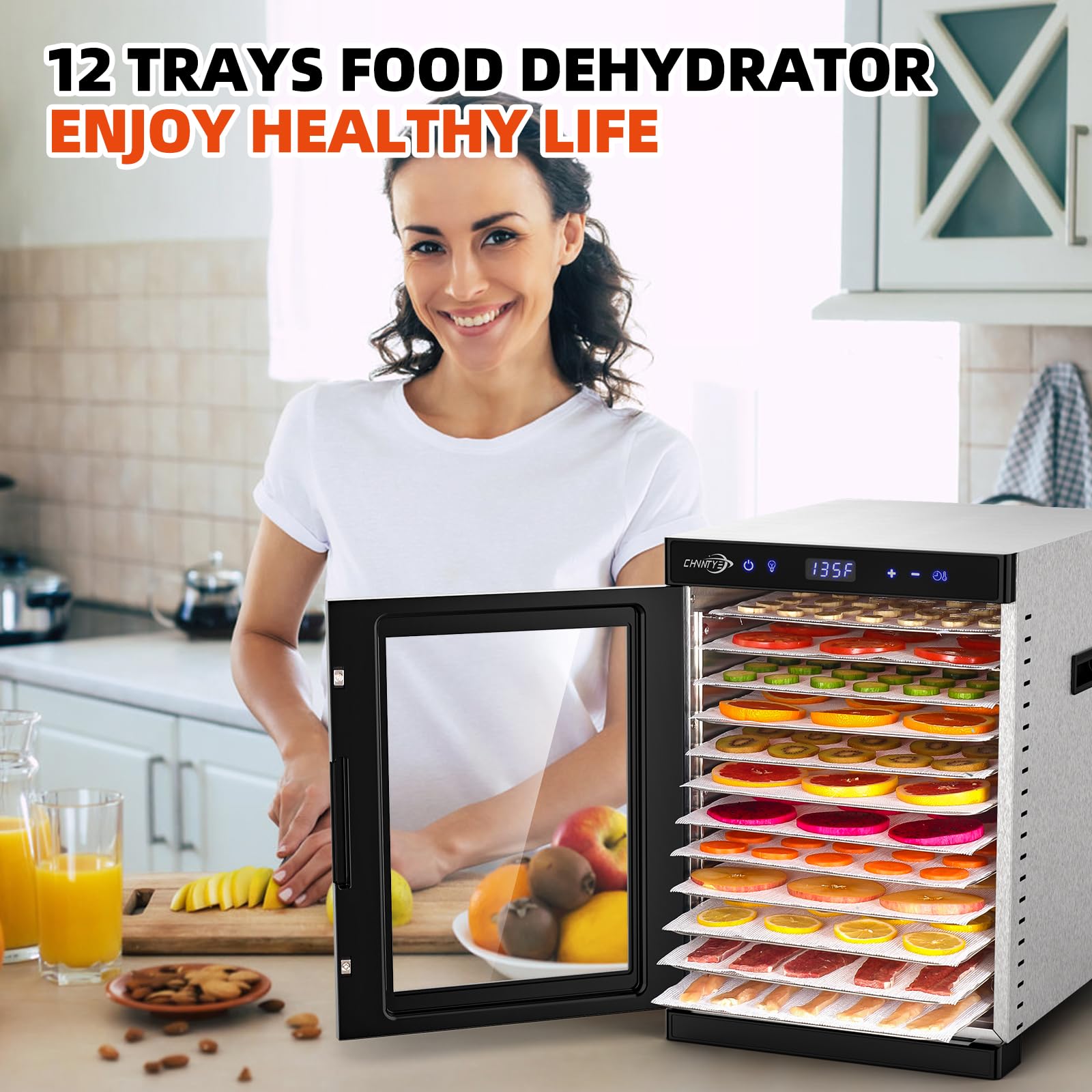 Food Dehydrator with 12 Stainless Steel Trays, Double Fans, Precise Temperature Control, and Fast Drying Speed with Adjustable Timer and Temperature Control - 1200W Dryer Machine