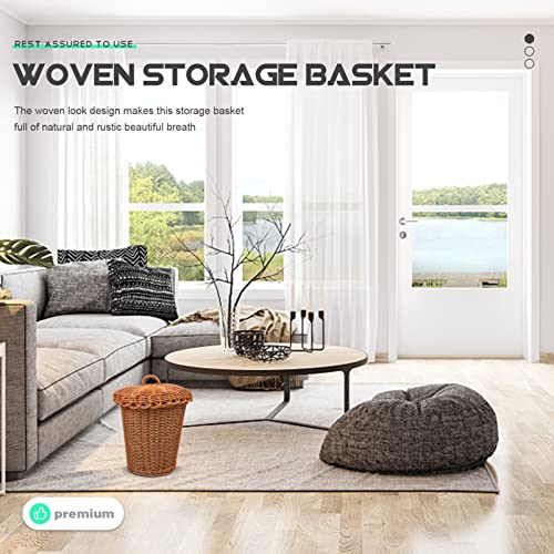 OUNONA Woven Storage Baskets with Lid: Round Wicker Waste Paper Basket Wastebasket Garbage Bin Trash Can for Bedroom Bathroom Kitchen Home Office