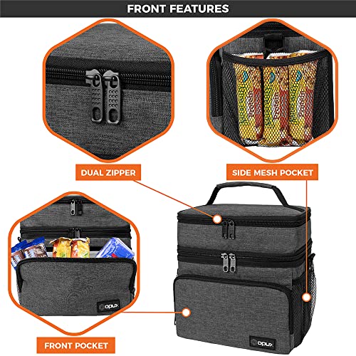 opux Insulated Lunch Bag for Men Women, Large Dual Compartment Cooler Bag, Soft Two Deck Lunch Box for Work School Picnic, Leakproof Lunch Tote with Strap for Kid Adult (Charcoal Gray, Double Deck)