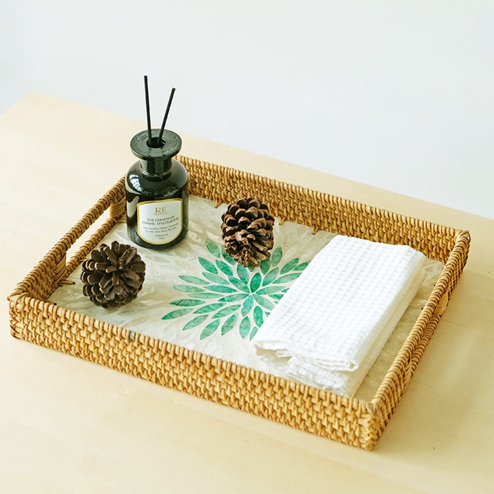 I-lan 15" Rectangular Rattan Woven Tray Basket with Mother of Pearl Inlay Wooden Base and Handles, Handmade Wicker Coffee Table Décor Serving Tray with 1.6" Wall, Handmade Decorative Display Basket