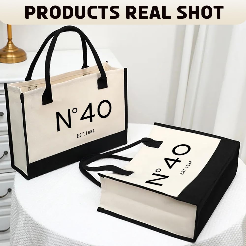 QLSKO 40th Birthday Gift Canvas Tote Bag for Women,N°40 EST.1984 Keepsake Beach Bag 40 Party Birthday Present supplies for Her (40th Basic)