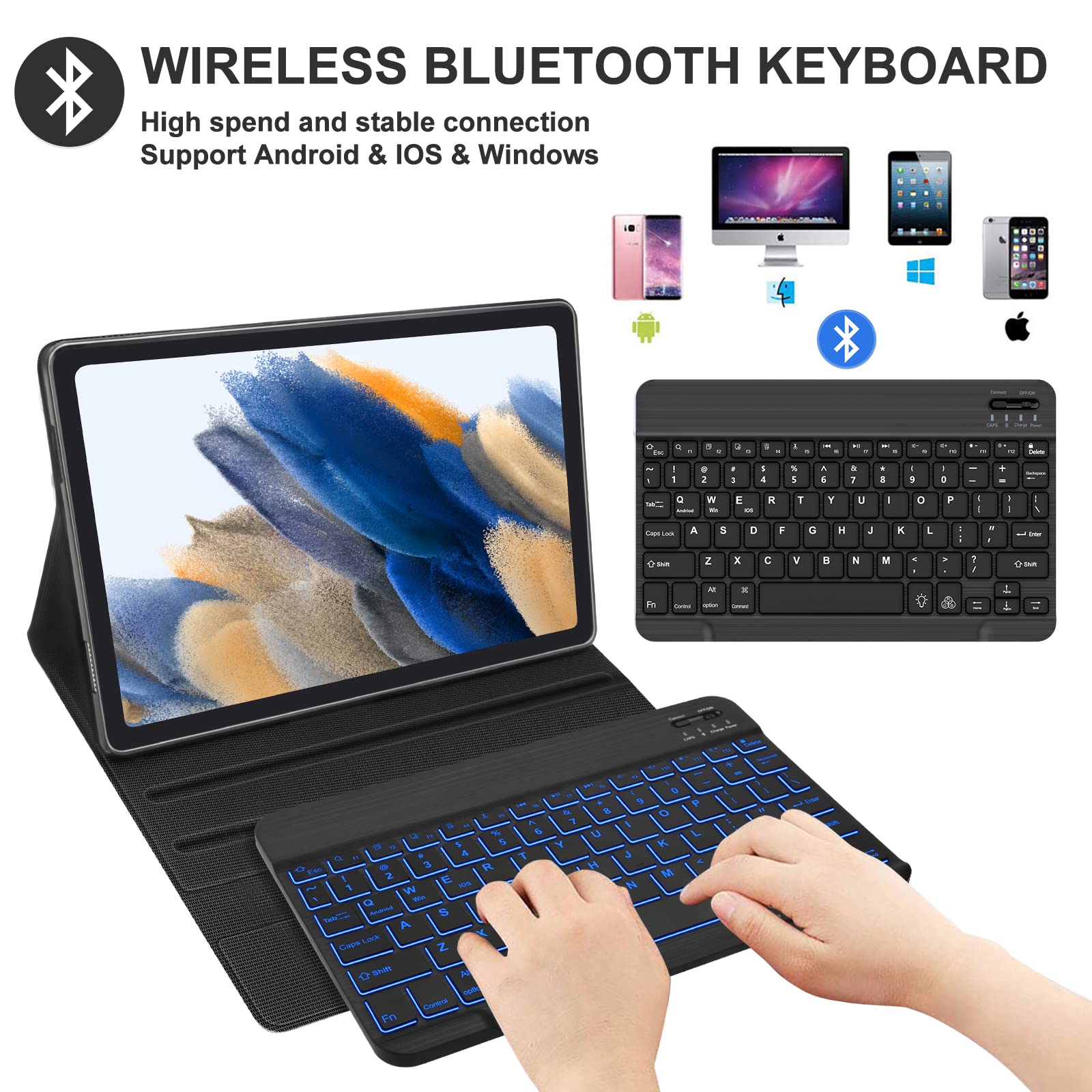 KVAGO Backlit Keyboard Case for Samsung Galaxy Tab A8 10.5 2022-7 Colors Backlight - Smart Folio Case with Detachable Wireless Keyboard for Galaxy Tab A8 10.5" SM-X200/X205/X207, Black