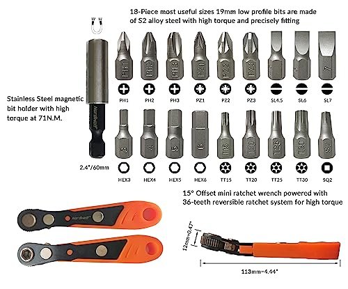 NordWolf 20-Piece Low Profile Mini Reversible Ratchet Wrench and Bits Set, Includes Square Head/Phillips/Pozidrive/Torx Security/Hex/Slotted Bits in Storage Case
