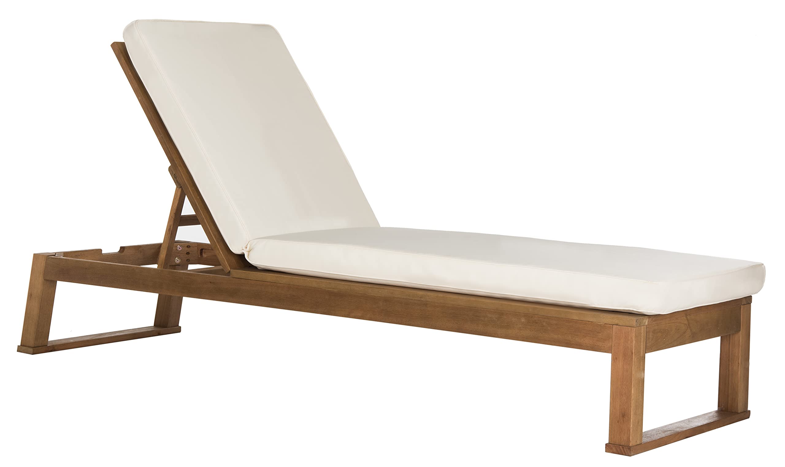 SAFAVIEH Outdoor Collection Solano Natural Brown Solid Wood/Beige Cushion Patio Adjustable Chaise Lounge Chair (PAT7024A)