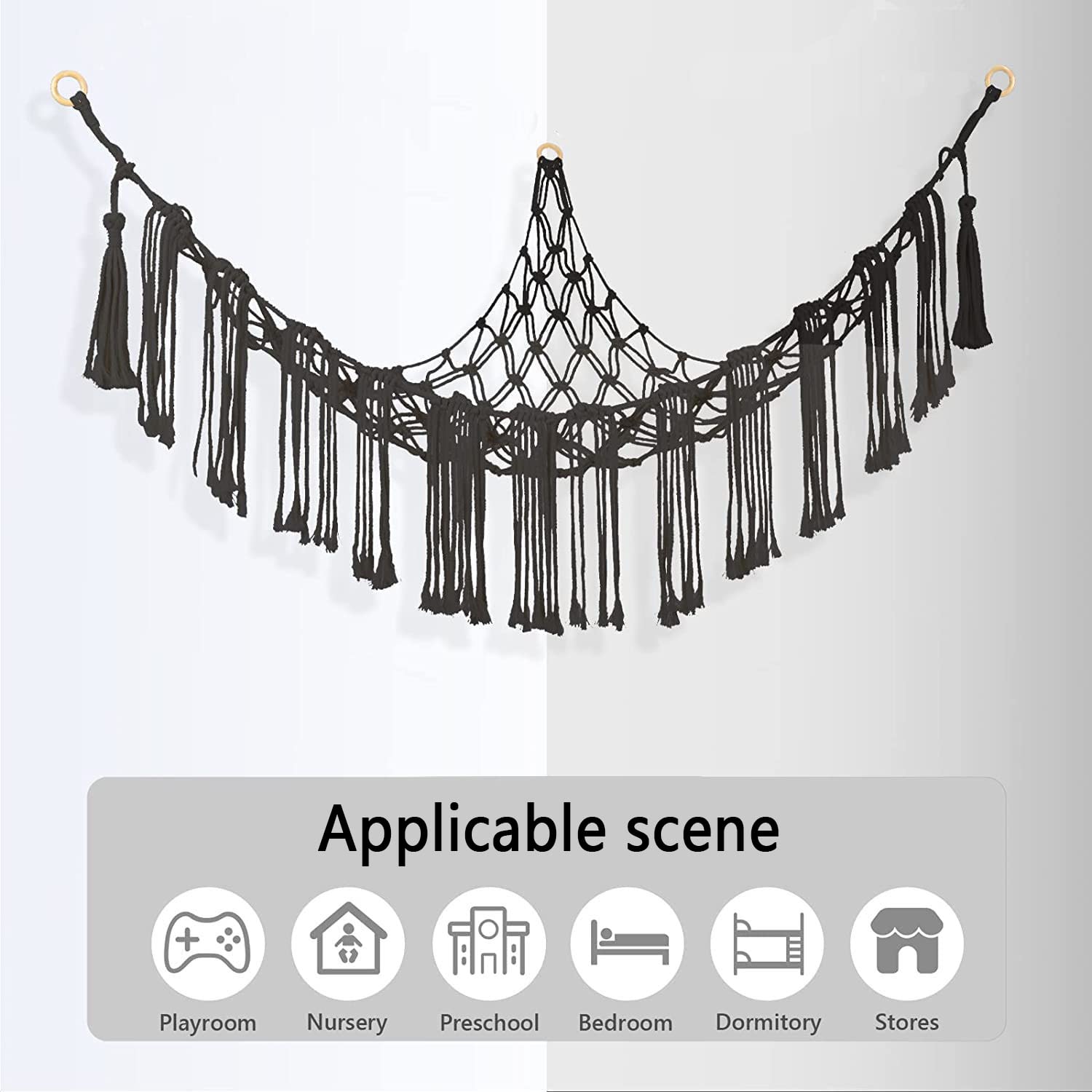 HZIYOU Hanging Corner Net for Stuffed Animals Storage, Stuffed Animal Hammock Holder with Hooks for Hanging, Toy Organizer for Bedroom Nursery Crib Kindergarten (Black)