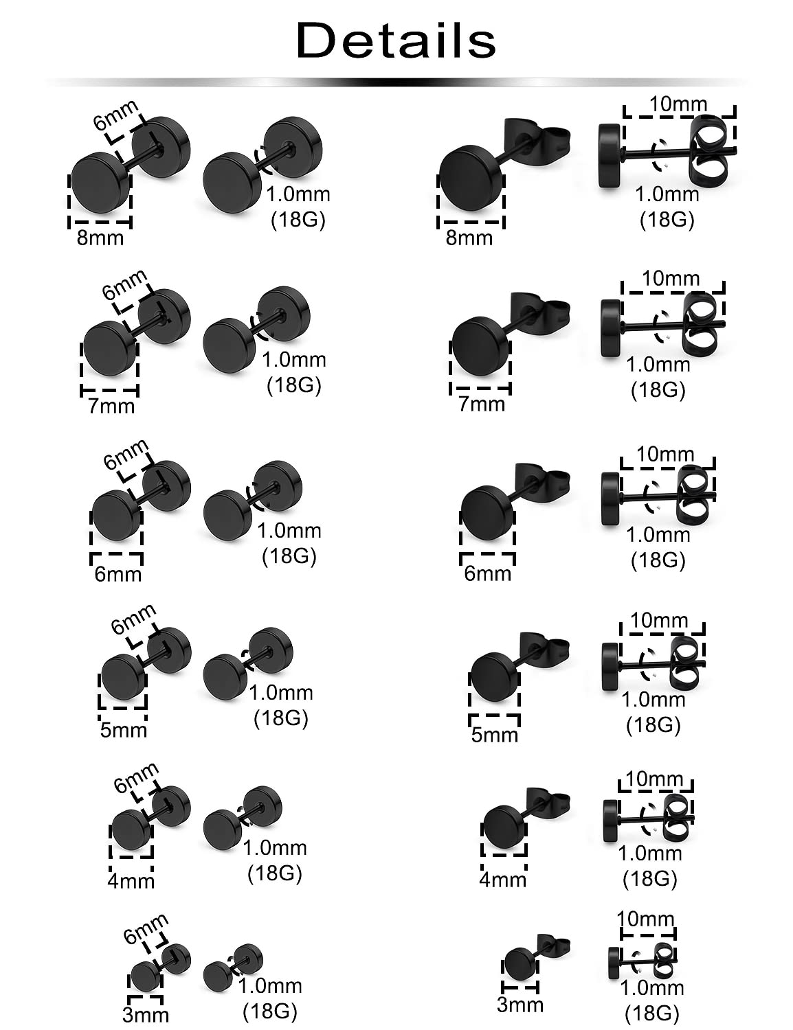 Ftovosyo 12 Pairs Black Stud Earrings for Men Stainless Steel Round Disc Faux Gauges Ear Studs for Women 3mm-8mm