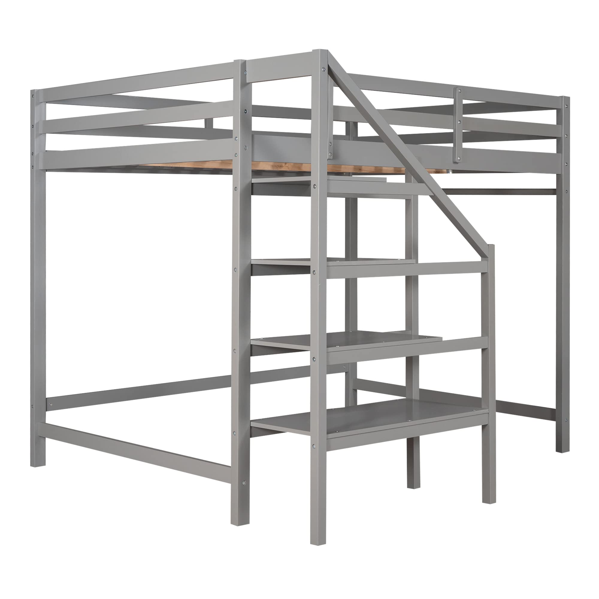 TARTOP Full Size Loft Bed with Built-in Storage Staircase and Hanger for Clothes, Solid Pine Wood Loftbed for Adults Kids Teens Bedroom,Dorm,No Spring Box Needed,Easy Assembly,Gray