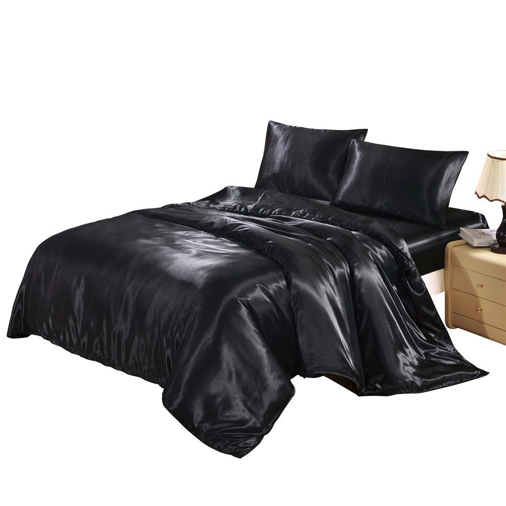 Vagasi Black Duvet Cover Set Twin Size 3 Pieces - Comforter Cover Super Soft with 1 Pillow Sham - Satin Bedding Set Breathable & Smooth with Zipper Closure