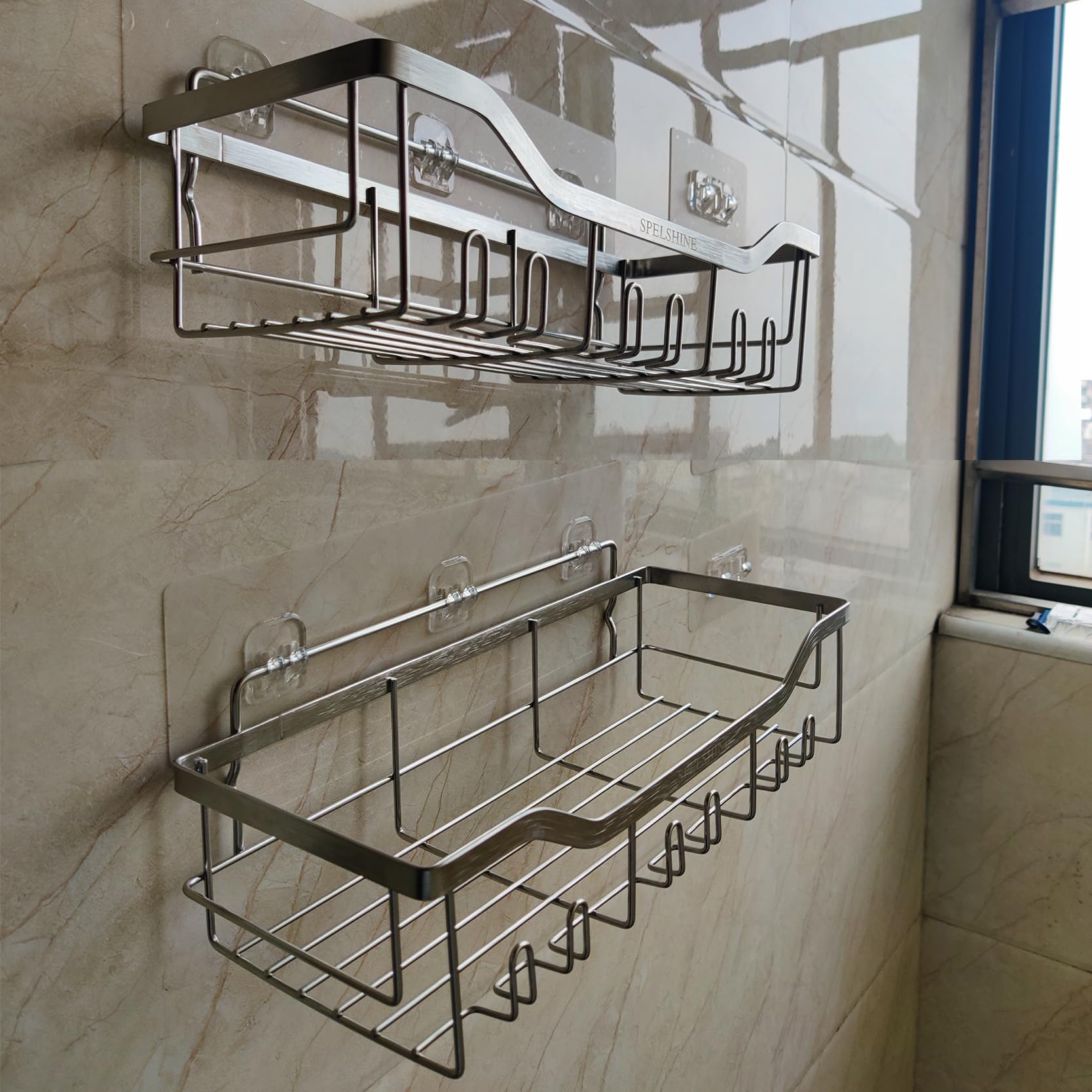 SPELSHINE Bathroom Shelves 3 Pack,Shower Caddy and toothbrush holder for Bathroom Storage & Kitchen,No Drilling,100% Waterproof,Anti-corrosion,Rustproof - Silver 304 Stainless Steel Shower Rack