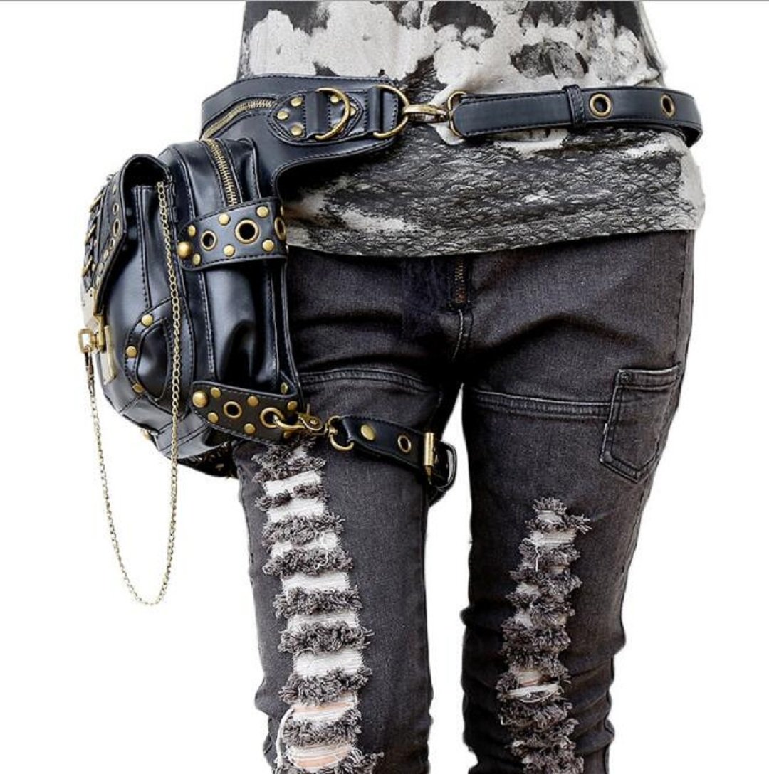Wendin Rock Leather & Vintage Gothic Retro Steampunk Handbag Victorian Style Shoulder Waist Bag Black