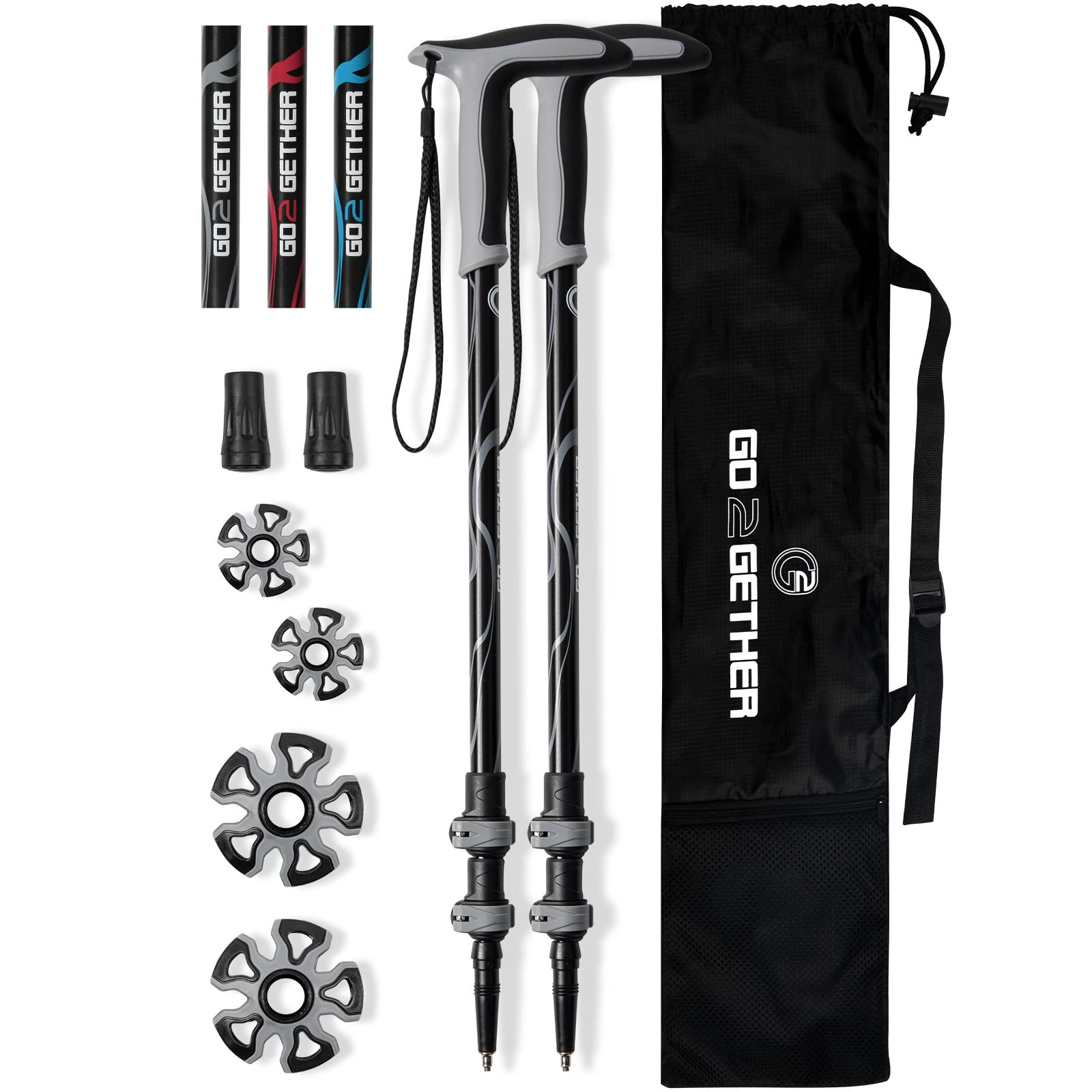 G2 Hiker Trekking Hiking Poles Telescopic/Aluminum Alloy/Comfort TPE Handle/Auto-Adjustable Strap/Quick Flip Lock/Snow Baskets Attached (Pack of 2 Poles),Black/Blue/Red