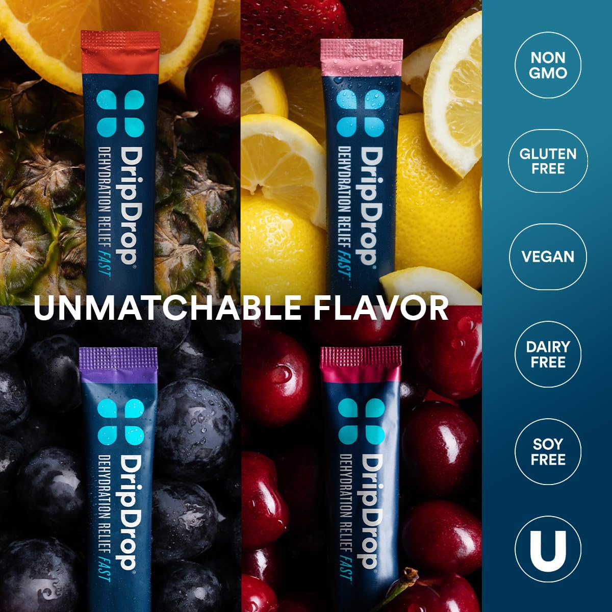 DripDrop Hydration Juicy Variety Pack - Electrolyte Drink Mix Single-Serve Powder Packets - Grape, Fruit Punch, Strawberry Lemonade, Cherry - 16 Servings
