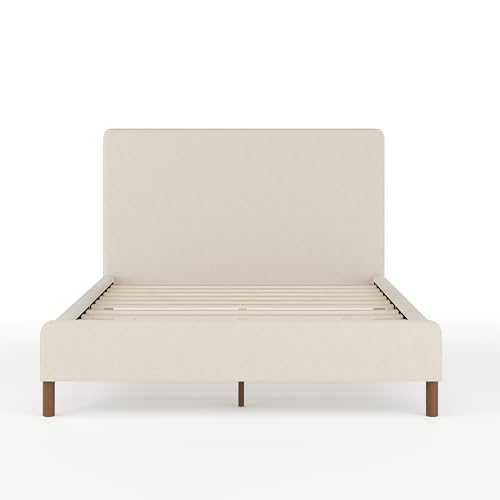 Martha Stewart Britta Platform Bed with Headboard & Footboard, Faux Linen Upholstery with Piping Detail, Rounded Headboard, No Box Spring Needed, Full, Beige