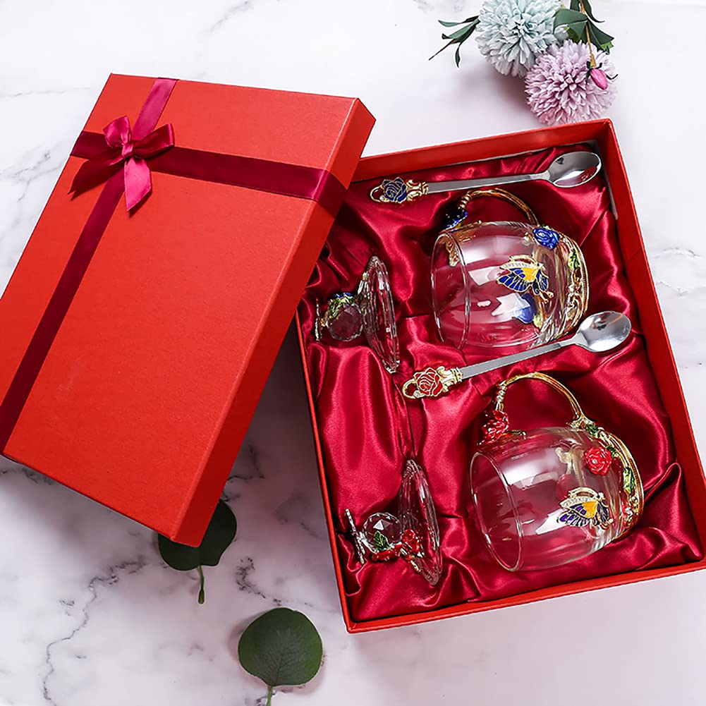 Guon-Wuvl 2 Pack Flower Teacup Transparent Glass Teacup, (With Spoon + Lid), Fancy Tea Cups, Flower Tea Cup,Tea Cup Gift, Tea Sets for Women,Gifts for Women (E)