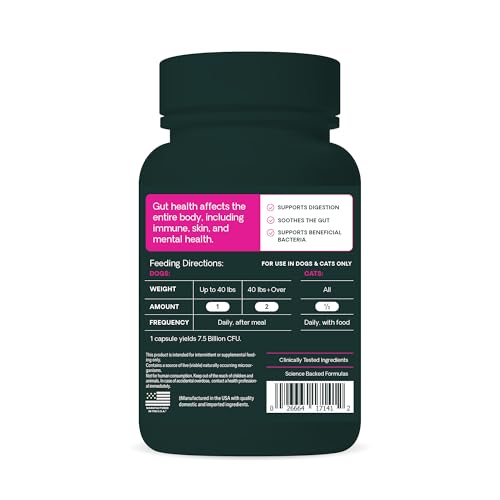 VetriScience Extra Strength Gut Health Easy-Open Capsules, Probiotic & Prebiotic Digestive Supplement for Dogs & Cats, Digestion, Gas & Diarrhea, Immune Support, 7.5 Billion CFU Per Capsule, 120 Count
