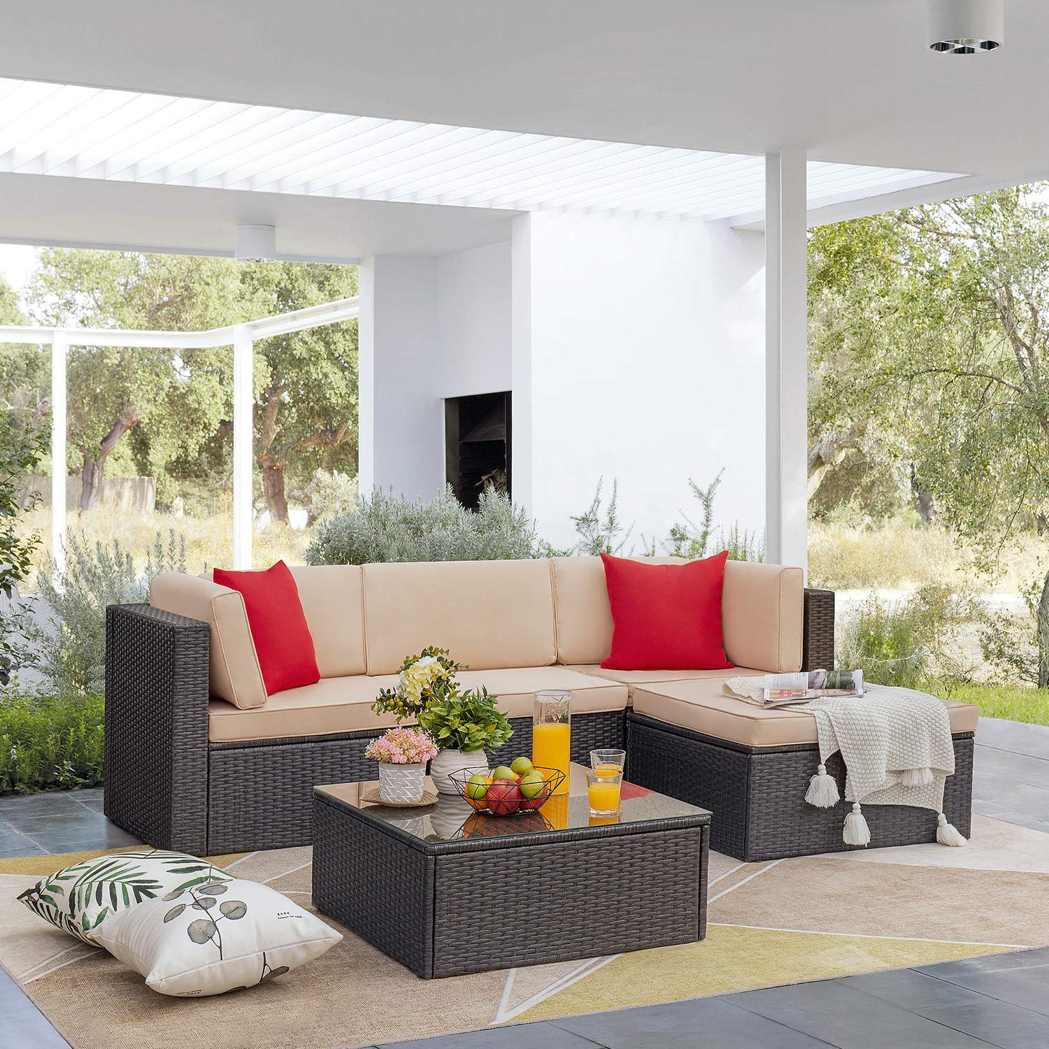 Flamaker 5 Pieces Patio Furniture Set Outdoor Sectional Sofa Patio Sofa Conversation Sets with Ottoman and Cushions