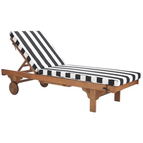 SAFAVIEH Outdoor Collection Newport Natural/ Black & White Stripe Cushion Built-in Side Table Adjustable Chaise Lounge Chair