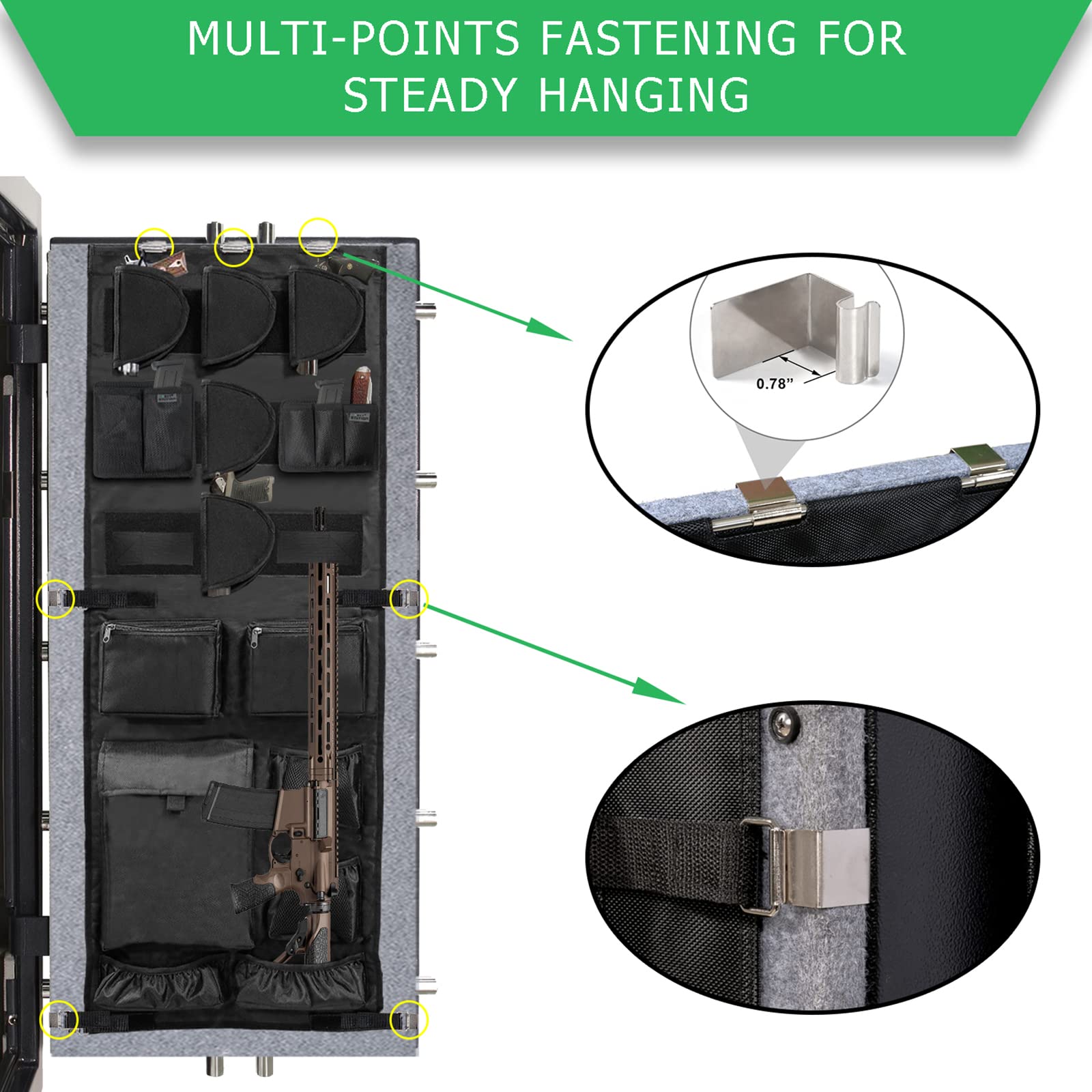 Gun Safe Door Organizer,Gun Safe Door Panel Organizer with Removable Pistol Holders Mag Pouch,Adjustable Width Fit Door Panel from 18.5 to 23 inches,Gun Safe Accessories Storage (18W*46.5H inch)
