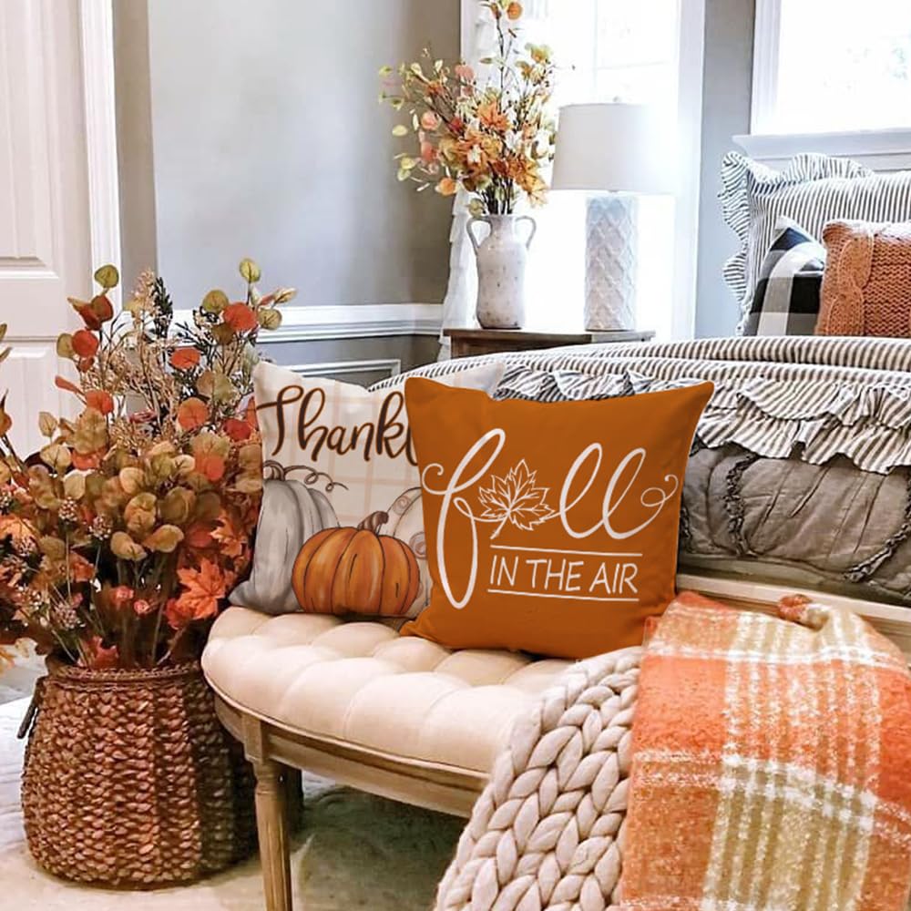 DFXSZ Fall Pillow Covers 18x18 inch Set of 4 Buffalo Plaid Fall Pumpkin Outdoor Throw Pillow Cover Autumn Thanksgiving Decoration for Home Couch Bed