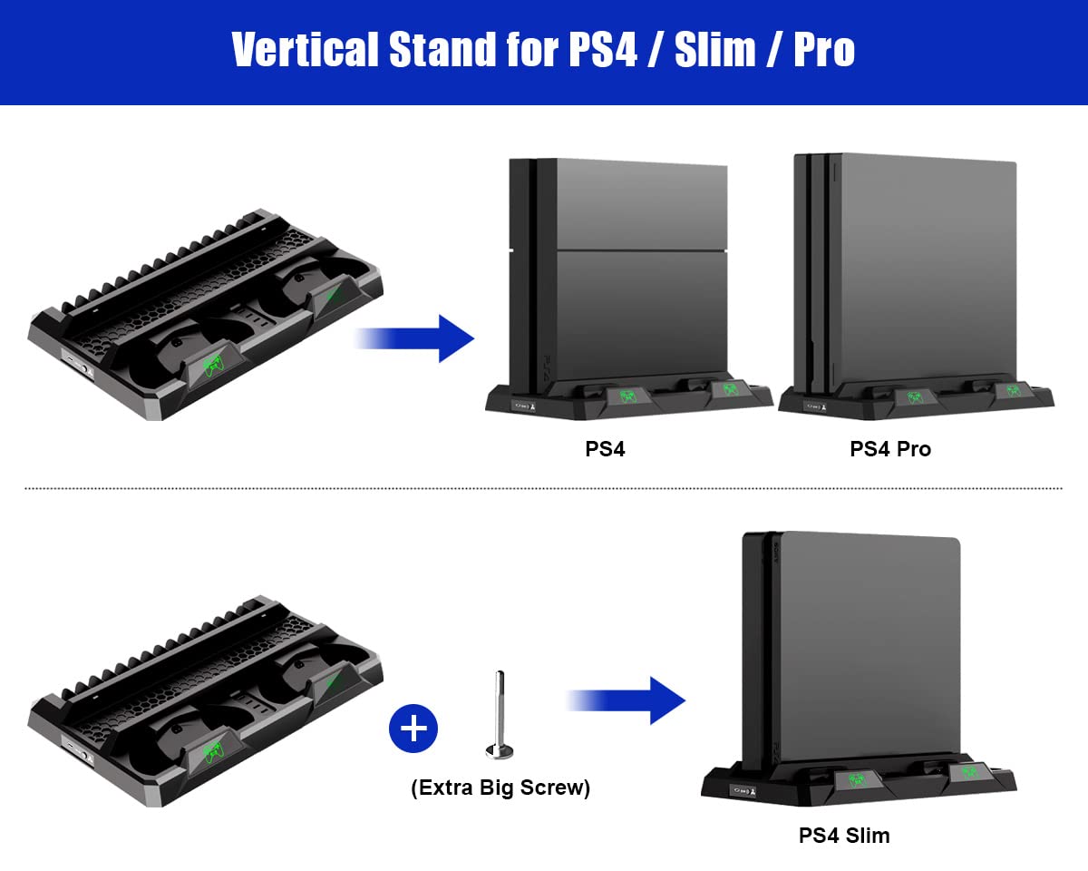 ElecGear Vertical Stand for PS4, Charging Station with Cooling Fan, Charger Dock for DualShock 4 Controller, 16x Games Blu-ray Storage Bracket Accessories Kit for Playstation 4, PS4 Pro, PS4 Slim