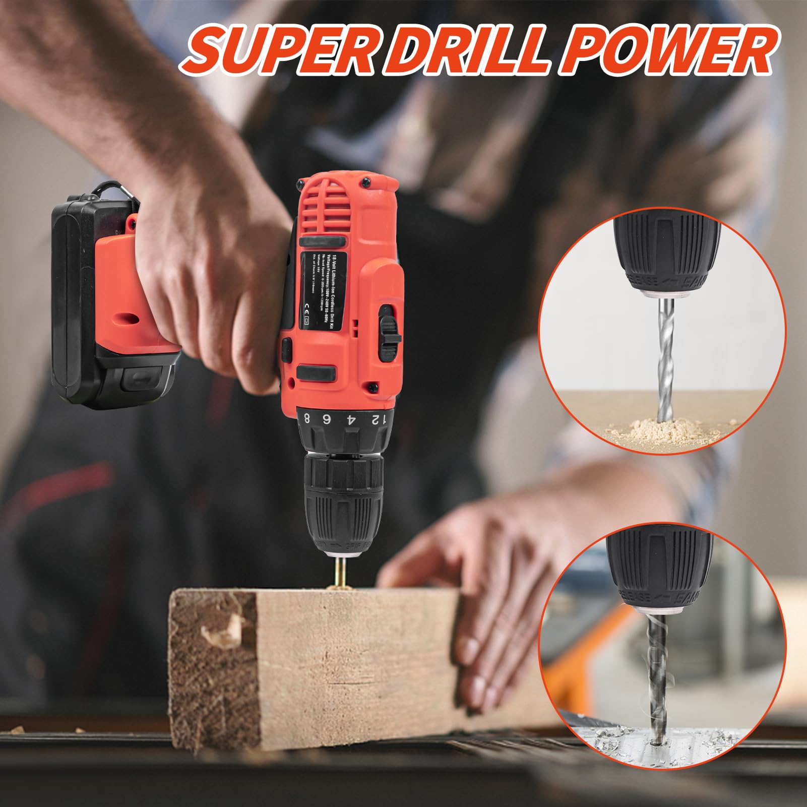 Mole Bean Power Tool Set with 18V Cordless Drill, Electric Power Drill Set, Tool Set for Men, Household Home DIY Hand Tool Kits, 18+1 Clutch Cordless Drill Set for Thanksgiving Christmas Gifts, Black