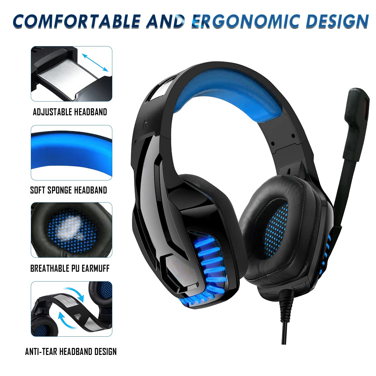 GALOPAR Stereo Gaming Headset for PC, PS4, Xbox One, 3D Surround Sound Headset with Noise Canceling Mic LED Light, Over-Ear Headphones Compatible with PS4, Xbox One, Switch, PC, Mac, Laptop