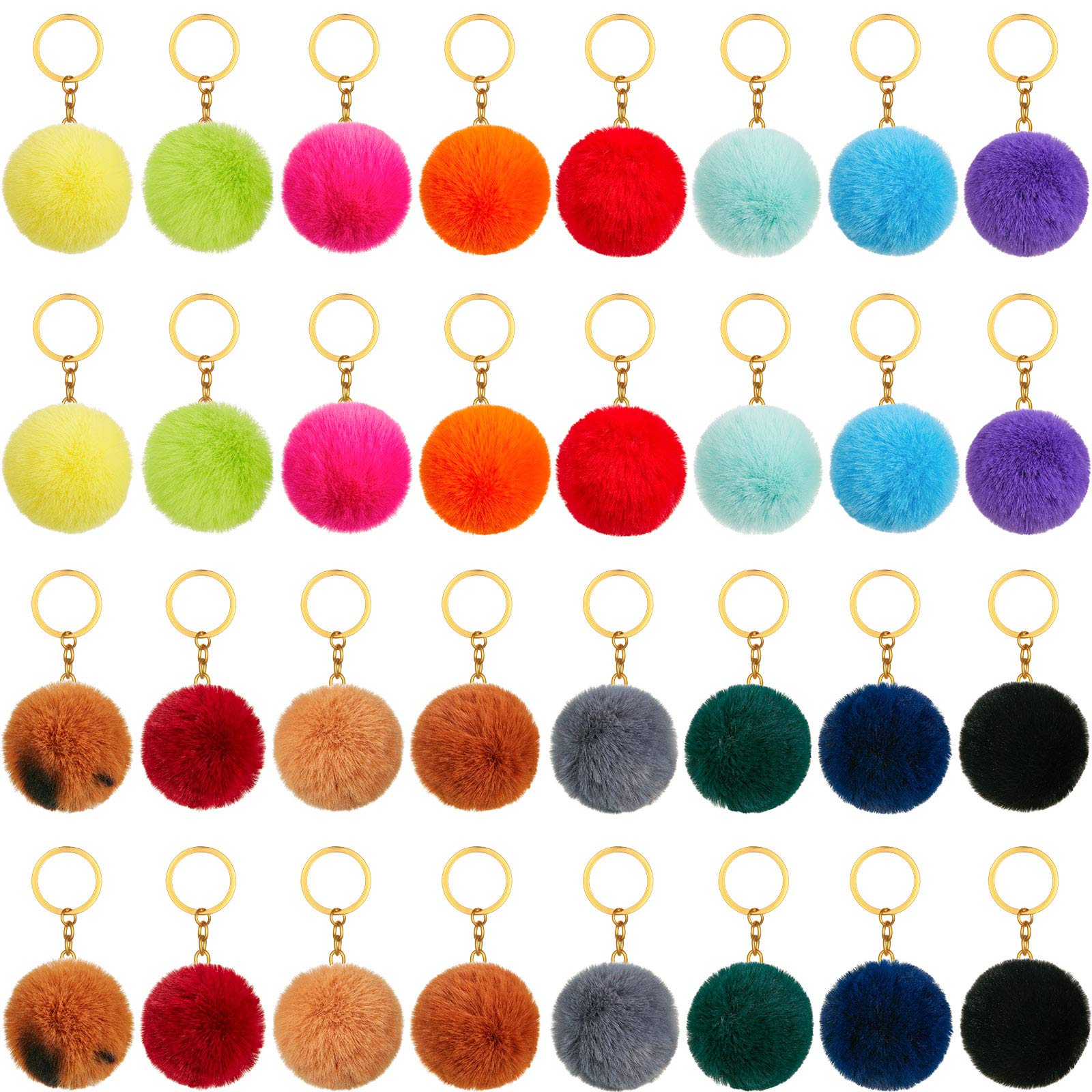 Hicarer 32 Pieces Pom Poms Keychains Fluffy Ball Faux Rabbit Fur Pompoms Keyring for Girls Women DIY Hats Shoes Bags Accessories