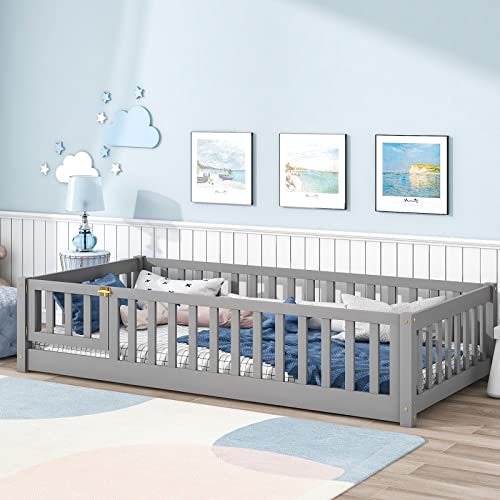 Tatub Twin Size Floor Bed with Safety Guardrails and Door and Slats, Toddler Floor Bed Frame for Girls and Boys, Wood Montessori Floor Bed for Kids, Twin-Grey