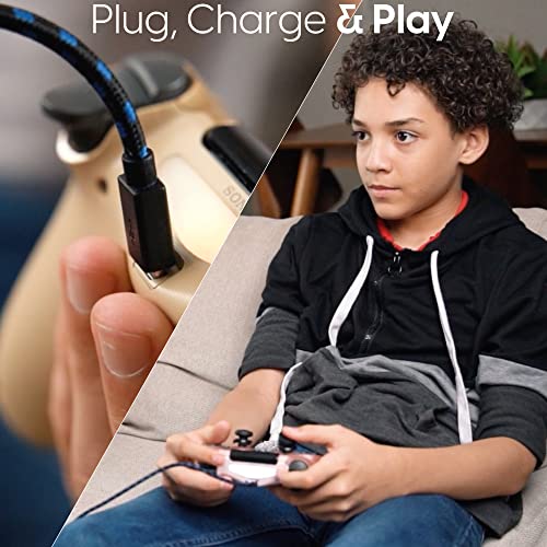 TALK WORKS Charging Cable Compatible with Xbox One Controller - 6-Foot Long Fast Charger Cord Micro USB for X-Box 1 - Heavy-Duty, Braided Black-Blue (3 Pack)