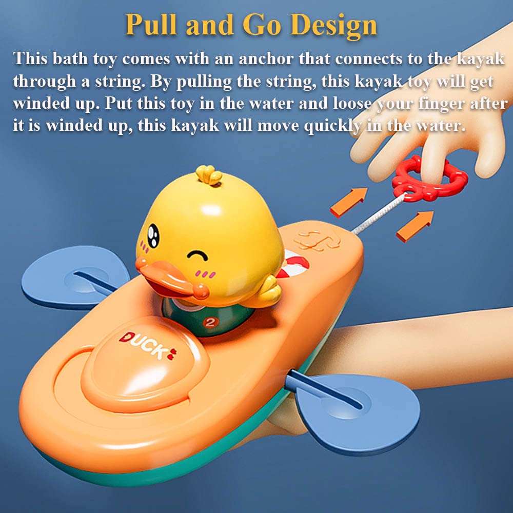NEXTAKE Pull and Go Kayak Duck Bath Toy, Pull String Kayaking Duck Bathtub Toy Duck Tub Toy Wind-up Rowing Duckling Water Toy Duck Boat Toy for Boys and Girls (Orange)