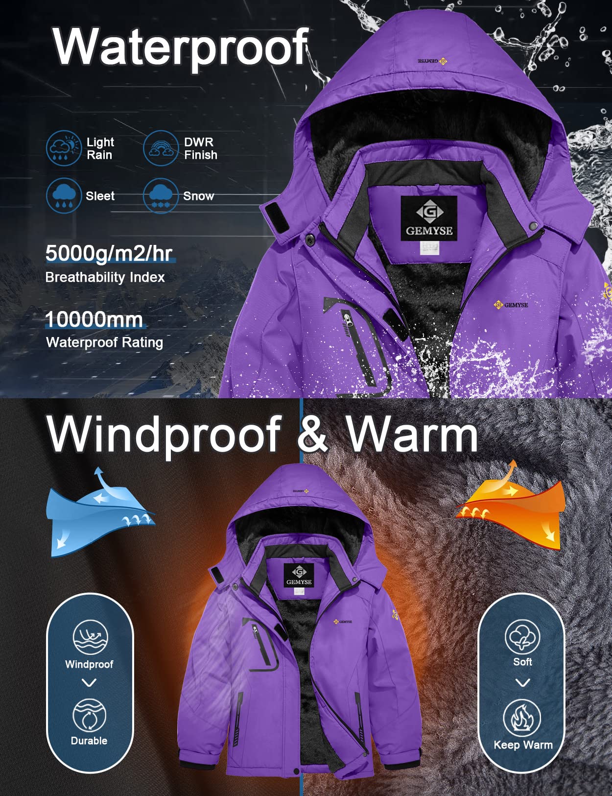 GEMYSE Girl's Waterproof Ski Snow Jacket Fleece Windproof Winter Jacket with Hood (Purple,14/16)