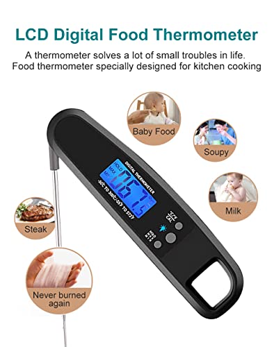 LIKEPAI Instant Read Meat Thermometer for Kitchen Cooking, Ultra Fast Precise Waterproof Digital Food Thermometer with Backlight, Magnet and Foldable Probe for Deep Fry, Outdoor BBQ, Grill(Black)