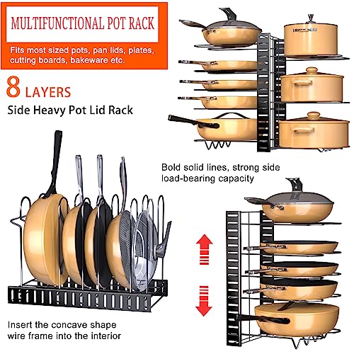 HAOWUJIN Pots And Pans Organizer for Cabinet, 8 Tiers Adjustable With Drain Tray Pan Organizer Rack for Under Cabinet, Kitchen Cookware Baking Cookie Cutting Board 3 DIY Methods Pot Lid Organizer