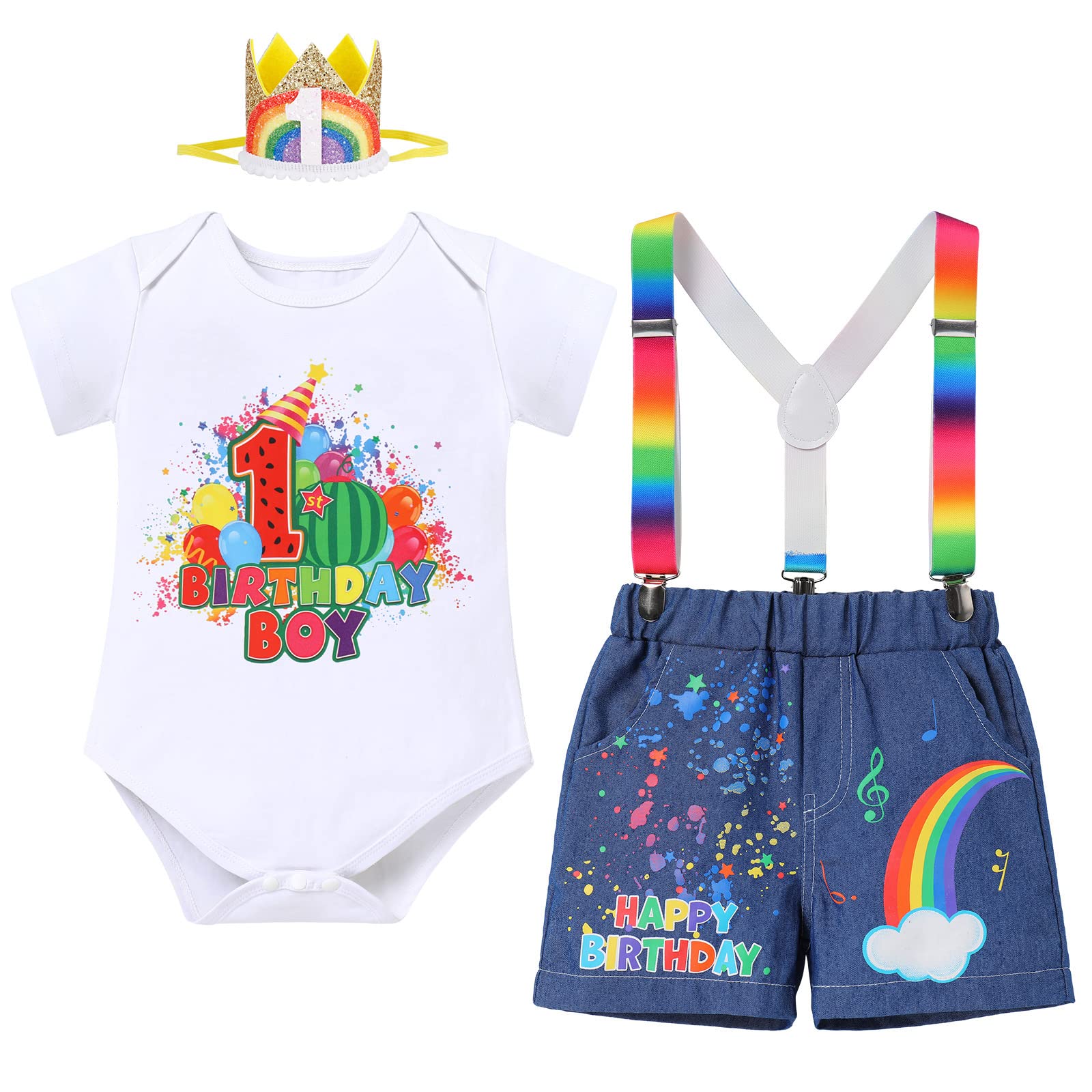 Watermelon 1st 2nd 3rd 4th 5th Birthday Boy Outfit for Baby Toddler Cake Smash Melon Bowtie Romper Bodysuit Jumpsuit +Denim Shorts+Suspenders Photo Shoot Formal Suit Blue Crown-1st Birthday Boy 1T