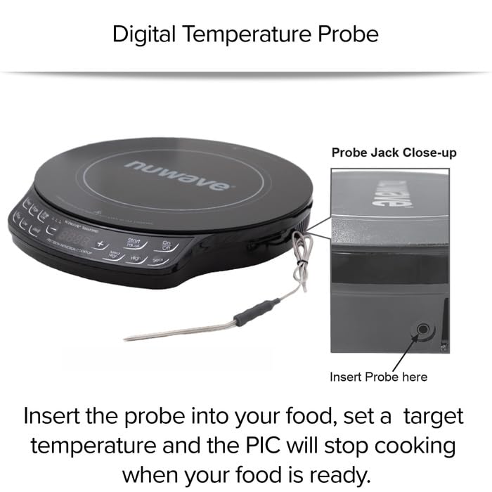 Nuwave Diamond Induction Cooktop, New & Improved Electric Burner with Probe, 91 Temps 50°F to 500°F, 6.5” Heating Coil, Shatter-Proof Ceramic Glass, 3 Wattage Settings, Ideal for Dorms, RVs & Apts