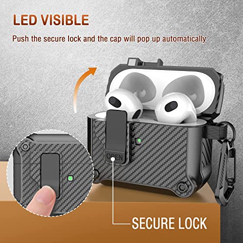 R-fun Airpods 3rd Generation Case with Automatic Secure Lock Clip, Armor Protective Hard TPU Case Cover for Apple Airpods 3 2021 Charging Case with Carbon Fiber Keychain-Black