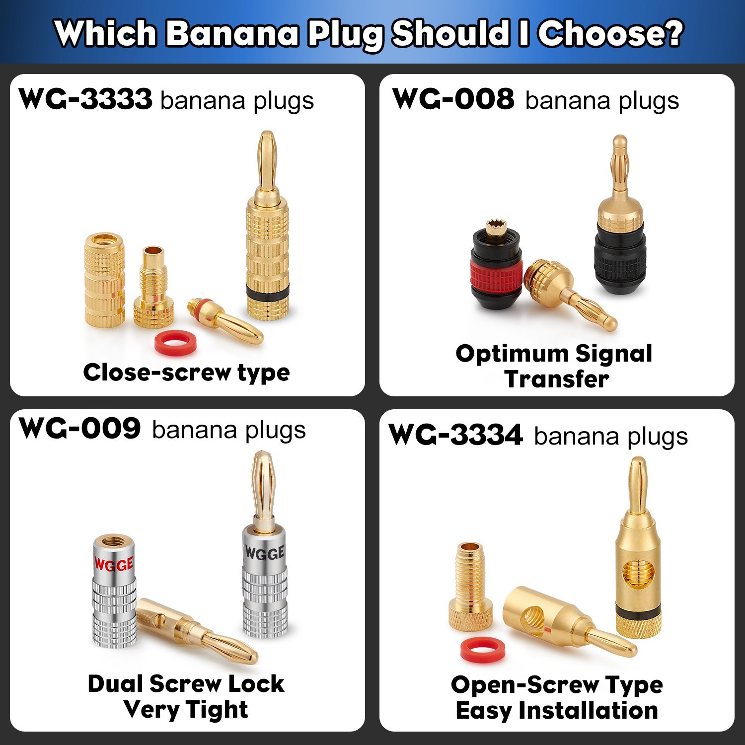 WGGE WG-3333 24k Gold Plated Speaker Banana Plugs-Closed Screw Type (10 Pairs (20 PLUGS))
