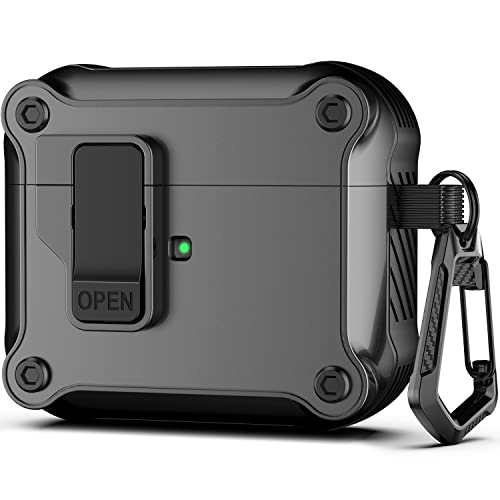 R-fun Airpods 3rd Generation Case with Automatic Secure Lock Clip, Hard Shell Full-Body Protective Airpods 3 Case 2021 for Women Men,Compatible with Apple Airpods 3rd Generation 2021,Black
