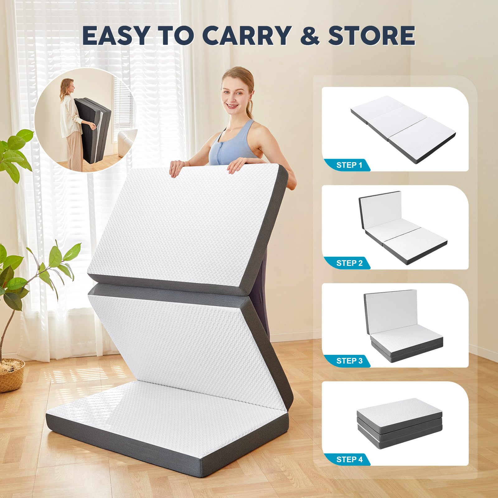 MASVIS Folding Memory Foam Mattress,4 inch Tri-fold Mattress Topper for Camping and Travel, Foldable Guest Bed with Removable Cover, Foldable Mattress with Storage Bag,Full