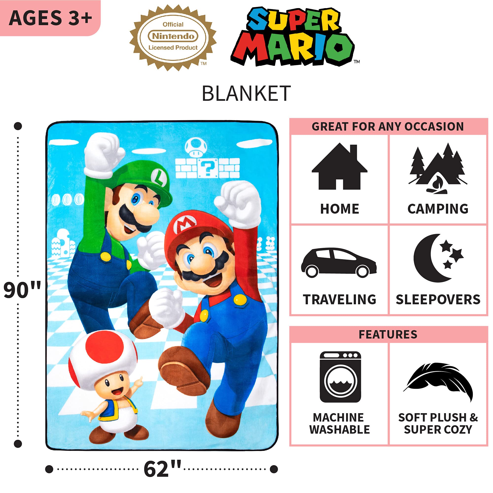 Franco Kids Bedding Super Soft Plush Micro Raschel Blanket, 62 in x 90 in, Mario