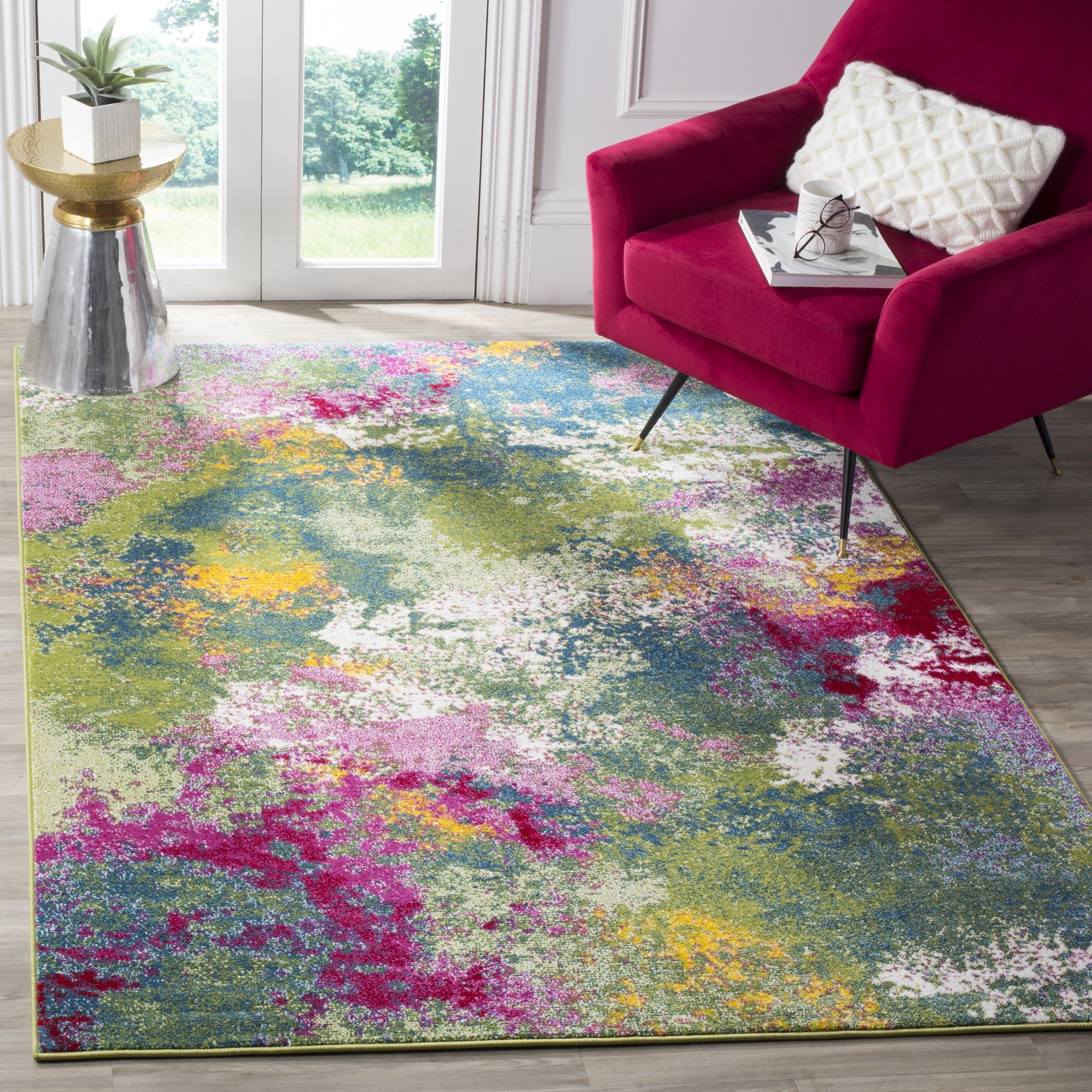 SAFAVIEH Watercolor Collection Area Rug - 8' x 10', Green & Fuchsia, Colorful Boho Abstract Design, Non-Shedding & Easy Care, Ideal for High Traffic Areas in Living Room, Bedroom (WTC697C)