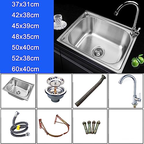 Stainless Steel Wall Mounted Commercial Restaurant Sink, Single Bowl Kitchen Sinks with Drainer Unit and Tap, Multipurpose Vanity Basin for Garage Restaurant Laundry Room Outdoor,50x40cm