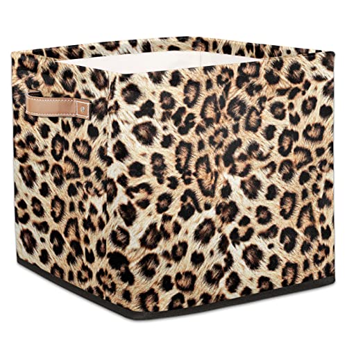 Leopard Wlidlife Print Striped Cube Storage Bins 13 x 13 x 13 inch, Leopard Animals Print Fabric Organizer Bins Basket Boxes with PU Leather Handles Foldable Storage Cube for Clothes Bedroom Closet Shelves