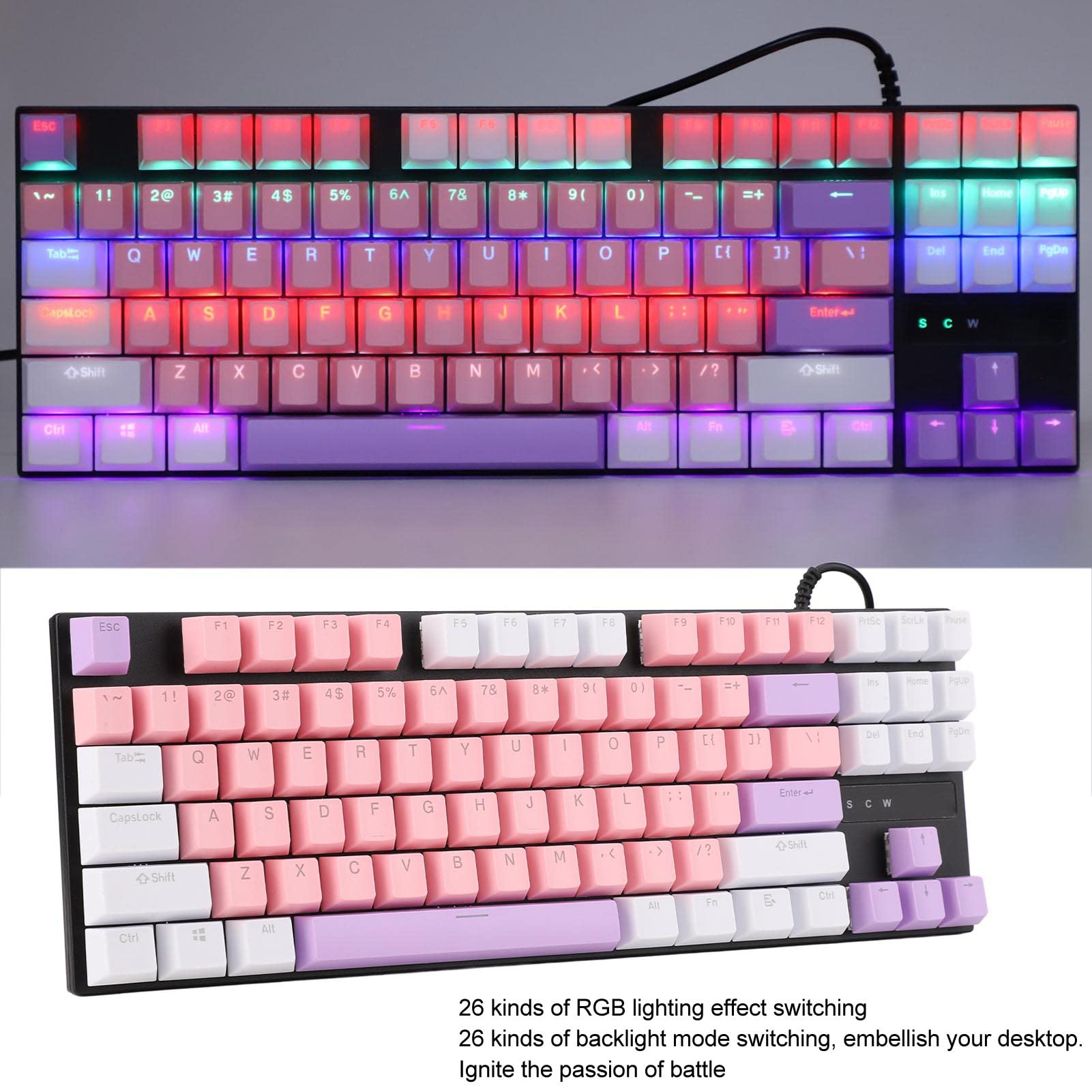 Mechanical Gaming Keyboard, Keyless Conflict Gaming Keyboard with 87 Keys Color Lock for Laptop (Pink Purple)