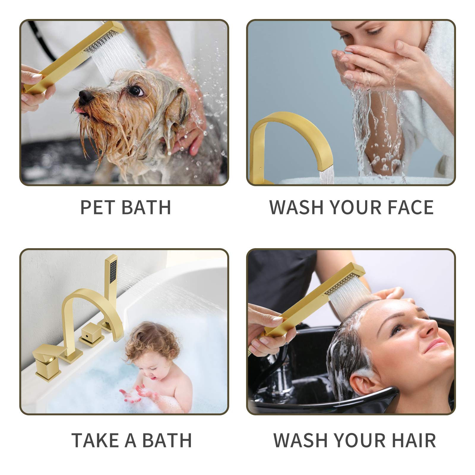 WATHELS Modern 4-Hole Waterfall Brushed Gold Bathtub Faucet Bathroom Roman Tub Filler Solid Brass Tub Faucet with Handheld Shower
